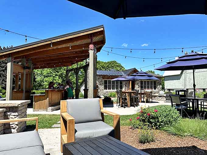Shady Lane Cellars' inviting outdoor space beckons visitors to linger longer, where comfortable seating and string lights create wine country magic.