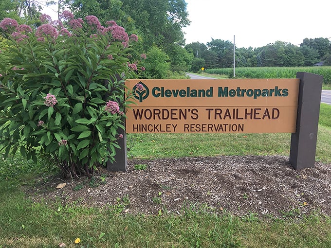 Welcome to wonder: The Cleveland Metroparks sign greets adventurers at Worden's Trailhead, where stone faces wait to be discovered.