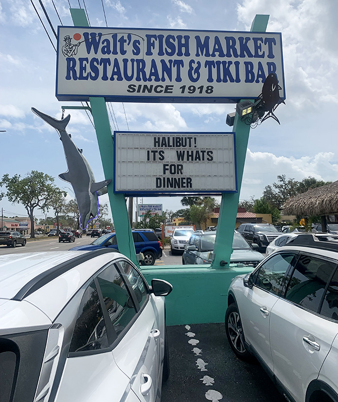 "Halibut! It's whats for dinner" announces the marquee with a dad-joke charm that perfectly captures Walt's unpretentious personality and seafood dedication.