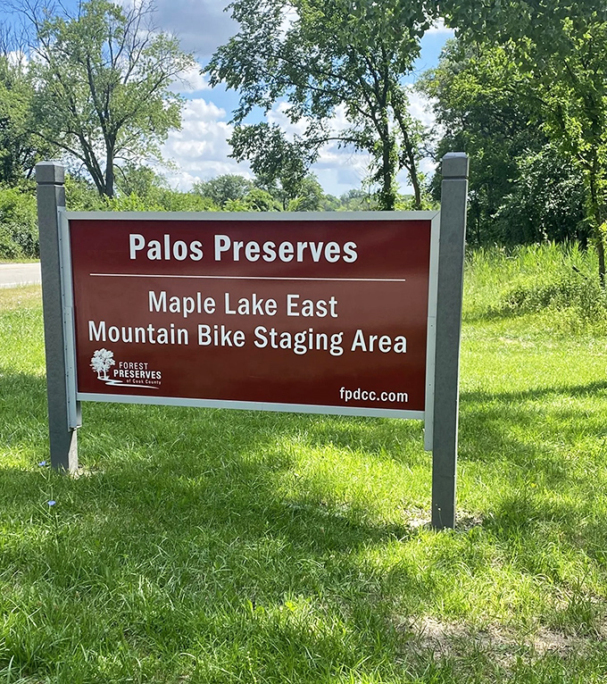 The welcoming entrance sign to Maple Lake East, one of several access points to this sprawling natural playground just minutes from Chicago.