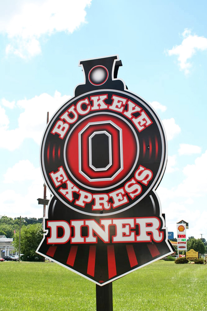 The Buckeye Express sign stands tall, a beacon for hungry travelers and local fans alike seeking comfort food with team spirit.