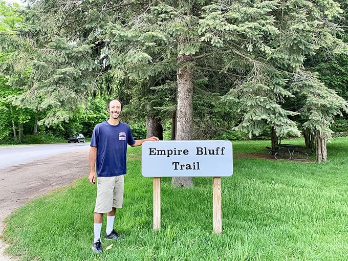 Clear signage marks the Empire Bluff Trail entrance, your official invitation to one of Michigan's most rewarding short hikes and spectacular viewpoints.