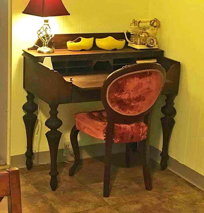 This antique writing desk with its velvet chair creates the perfect spot for penning postcards or pretending you're drafting the Great American Novel.