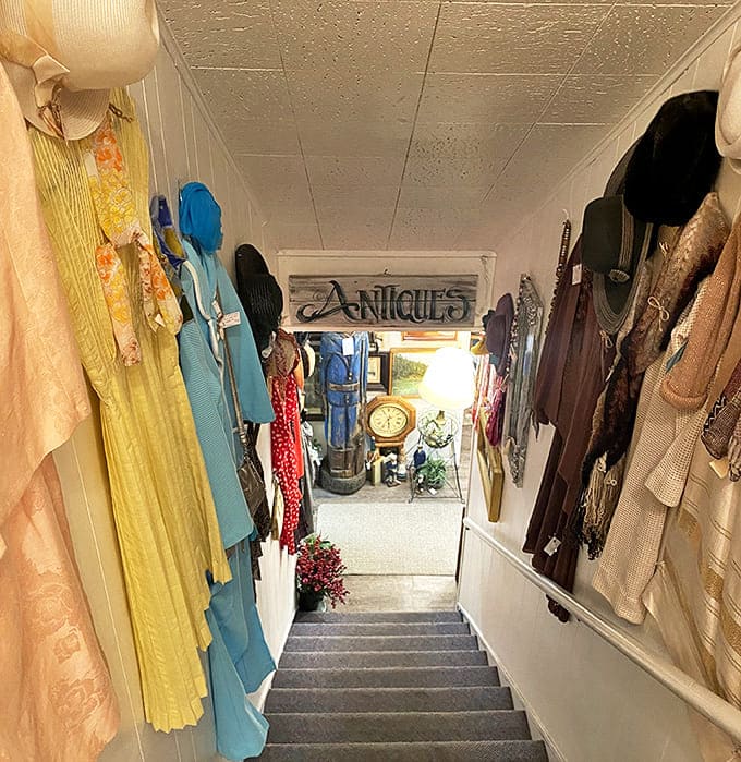 Stair Entrance: This stairway isn't just leading downward &ndash; it's a portal to another era, with vintage garments lining the way like colorful ghosts of fashion past.