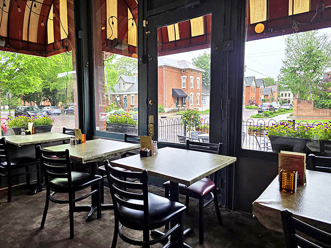 The view from inside looks out onto German Village's brick-lined streets &ndash; a reminder that some of life's best moments happen while waiting for French onion soup.