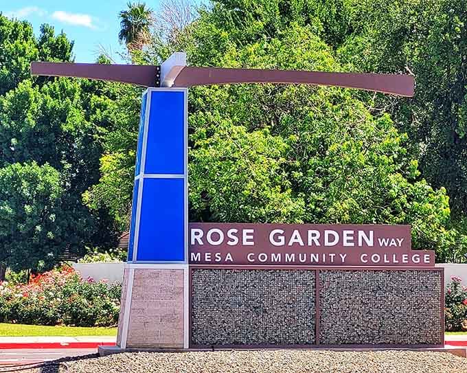 The official signage welcomes visitors to Rose Garden Way, though honestly, the thousands of blooming bushes beyond do most of the welcoming themselves.