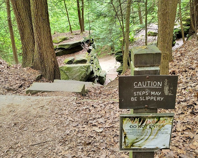 Warning signs remind visitors that beauty comes with responsibility &ndash; stay on marked trails to preserve this natural treasure.