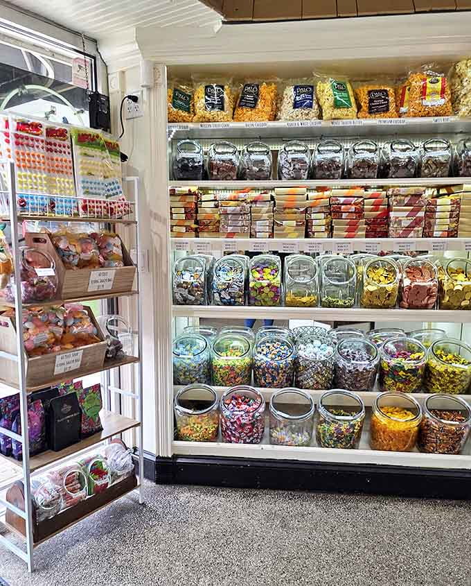 Jars filled with colorful candies create a rainbow of sweet possibilities, tempting visitors of all ages.