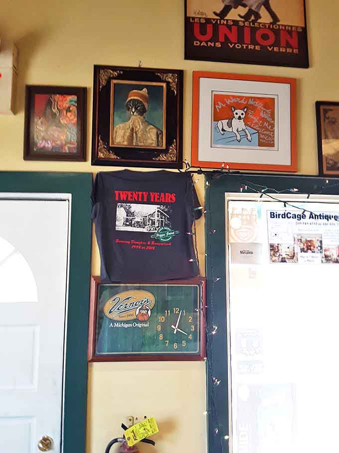 Eclectic wall decorations, including vintage posters and commemorative t-shirts, tell the story of a beloved local institution that's earned its loyal following.