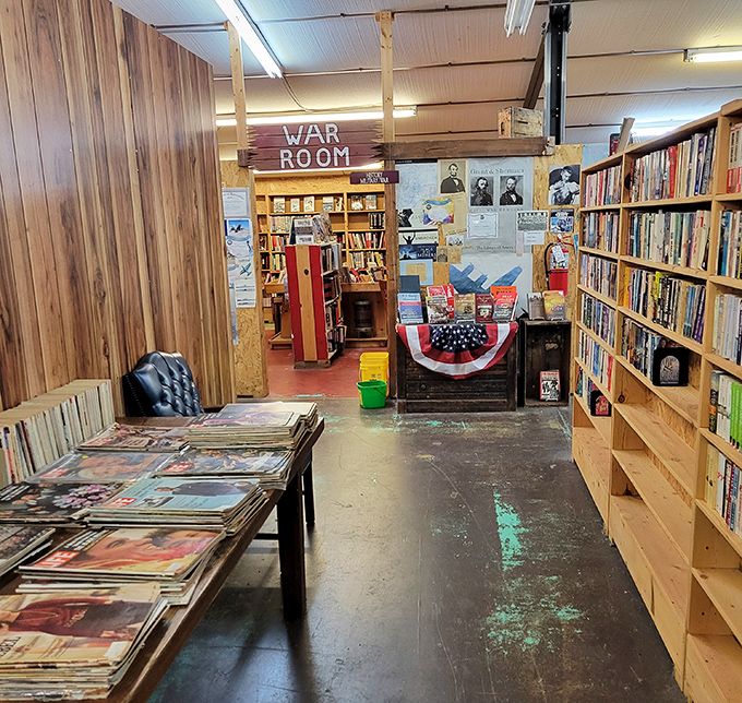 The "War Room" entrance stands like a literary Arlington, honoring conflicts past through the words of those who lived to tell the tales.
