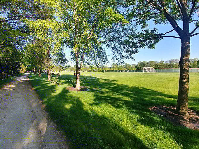 Whitlock Park's winding path leads visitors through sun-dappled greenery, offering a peaceful retreat just steps away from suburban streets.