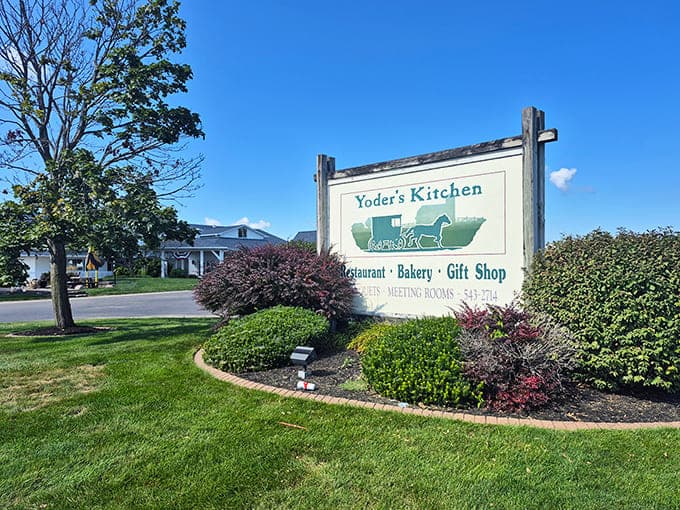 The welcoming sign promises exactly what's inside: a restaurant, bakery, and gift shop that delivers on every delicious front imaginable.