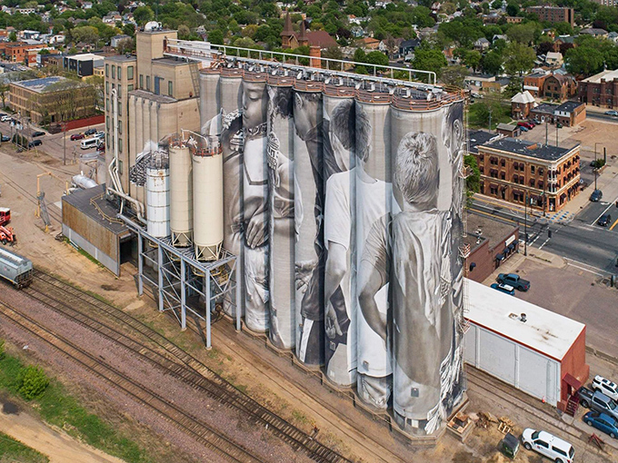 From above, the full scale of the silo art project becomes apparent&mdash;a massive undertaking that transformed industrial structures into world-class public art.
