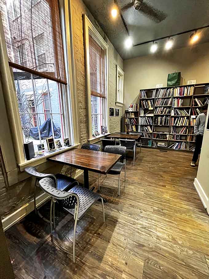 Shelves lined with carefully selected volumes create the perfect backdrop for that coffee you're about to spill when you reach the plot twist.