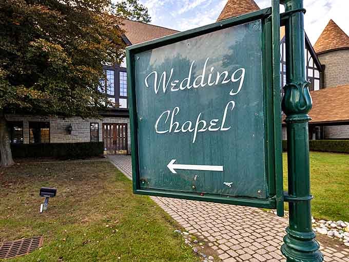 A simple green sign points the way to the Wedding Chapel, where countless couples have begun their happily-ever-after in storybook surroundings.
