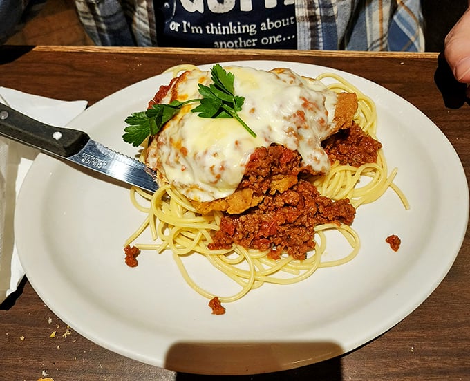 Chicken Parmesan that doesn't know the meaning of portion control &ndash; a mountain of pasta, sauce, and melted cheese that makes doggie bags a necessity, not an option.