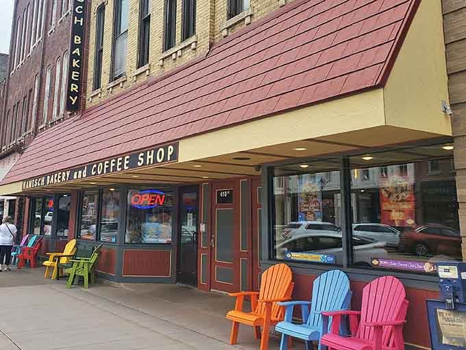 A rainbow of Adirondack chairs creates the perfect spot to contemplate life's big questions &ndash; like "Should I go back for seconds?"