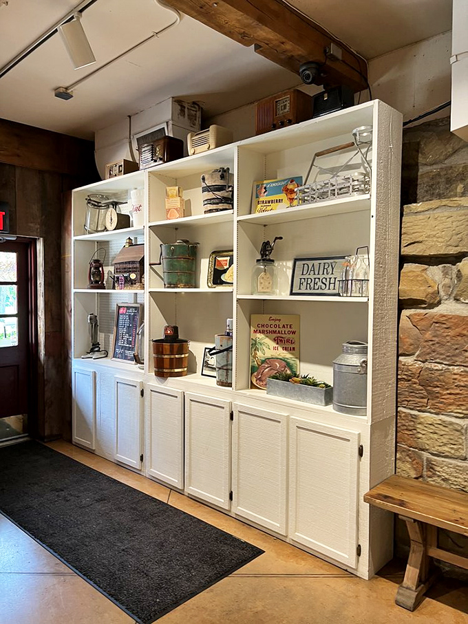 Vintage ice cream memorabilia lines the shelves, telling the story of America's love affair with frozen treats through the decades.