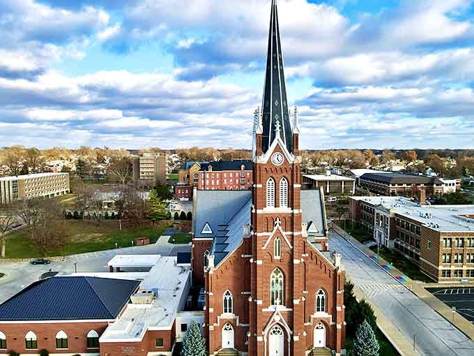 Downtown Quincy's church spires punctuate the skyline, their soaring heights and intricate craftsmanship representing both spiritual aspirations and architectural achievement.