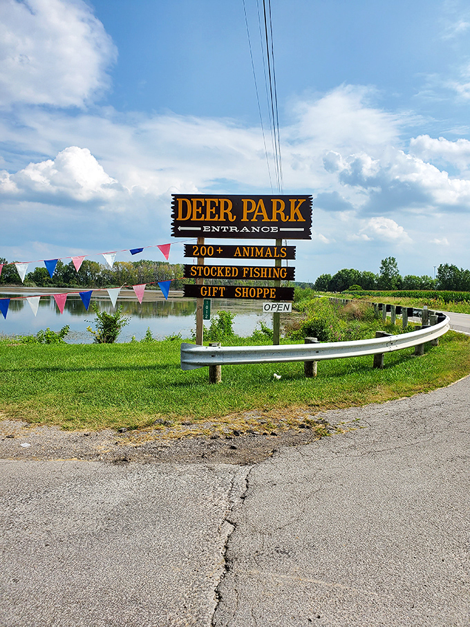 The welcoming entrance sign promises "200+ Animals" and "Stocked Fishing," inviting visitors to discover this hidden gem in Sandusky, Ohio.