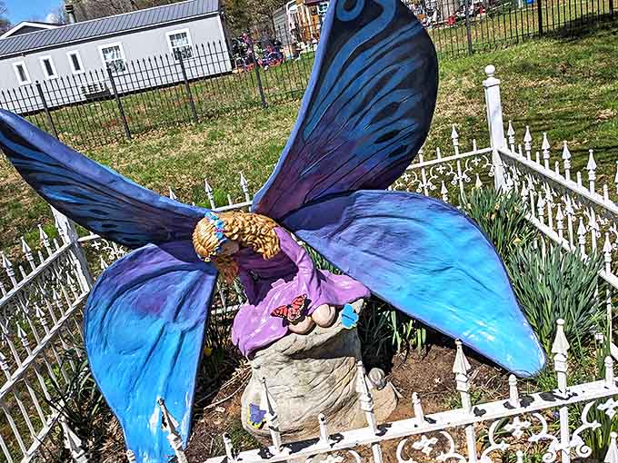This delicate fairy sculpture with vibrant blue wings reminds us that at Castle Park, magic lurks in every corner, big and small.