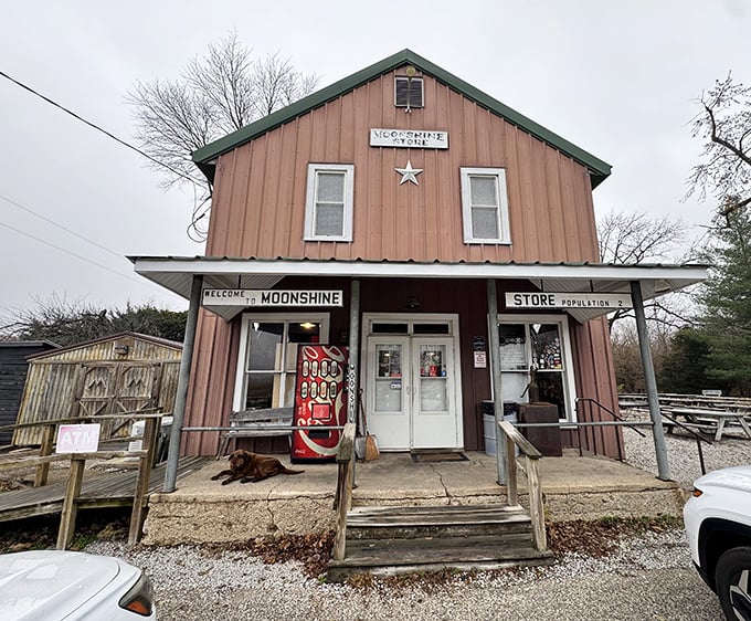 The Moonshine Store's rustic exterior welcomes visitors year-round, a beacon of burger excellence in the rural landscape.