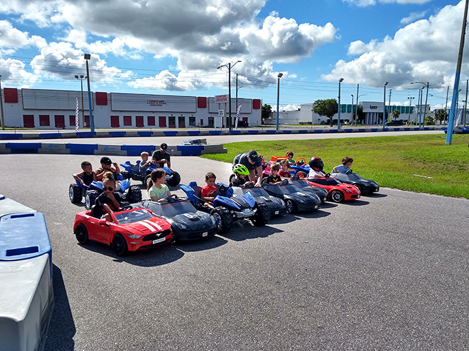 The outdoor karting area provides climate-controlled racing when Florida's famous afternoon makes an appearance.