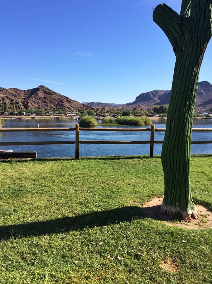 A whimsical cactus sculpture stands guard by the riverbank, where desert meets water in perfect harmony.