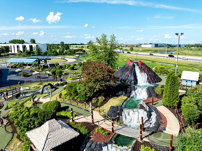 The park's dramatic landscape combines natural elements with imaginative design, creating an oasis of adventure in the heart of Illinois.