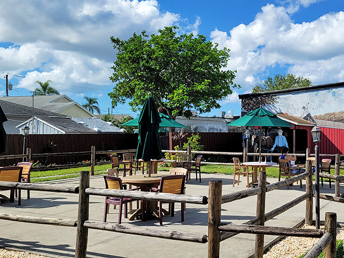The outdoor dining area offers a pleasant spot to enjoy your meal while watching the unique blend of Amish tradition and Florida sunshine in Pinecraft.