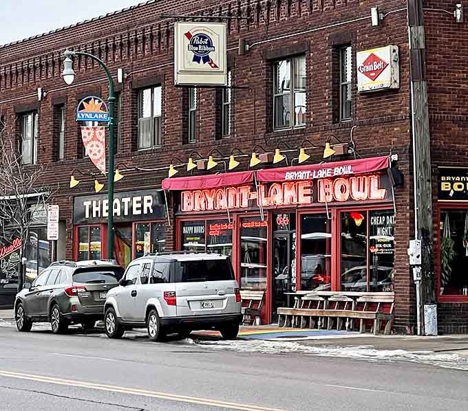 Bryant-Lake Bowl's exterior stands as a beloved landmark in Uptown Minneapolis, its vintage charm drawing in curious passersby.