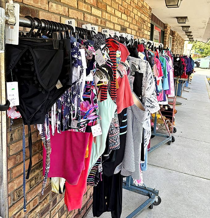 Sidewalk shopping at its finest with these outdoor racks of swimwear and summer clothes, perfect for spontaneous bargain hunters.
