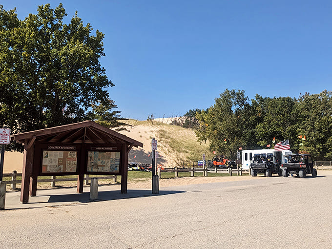 The visitor information area marks the gateway to adventure, where dune explorers gather to plan their expeditions into Michigan's sandy wilderness.