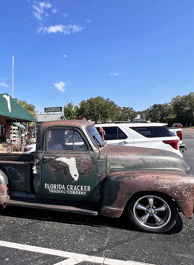 Even the vintage truck in the parking lot tells a story – weathered but proud, much like the Florida cracker culture it represents.