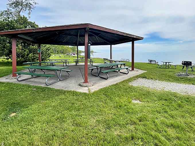 The covered pavilion offers welcome shade on sunny days and shelter during sudden Lake Superior rain showers.