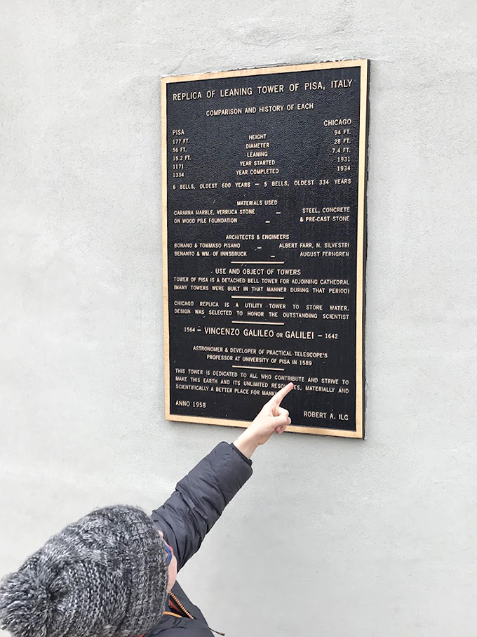 A historical plaque provides fascinating comparisons between the original Pisa tower and its Illinois counterpart, offering context for curious visitors.