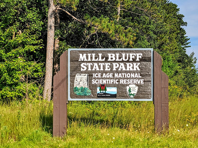 The welcoming entrance to Wisconsin's best-kept secret. Mill Bluff State Park promises ancient wonders, peaceful trails, and memories waiting to be made.