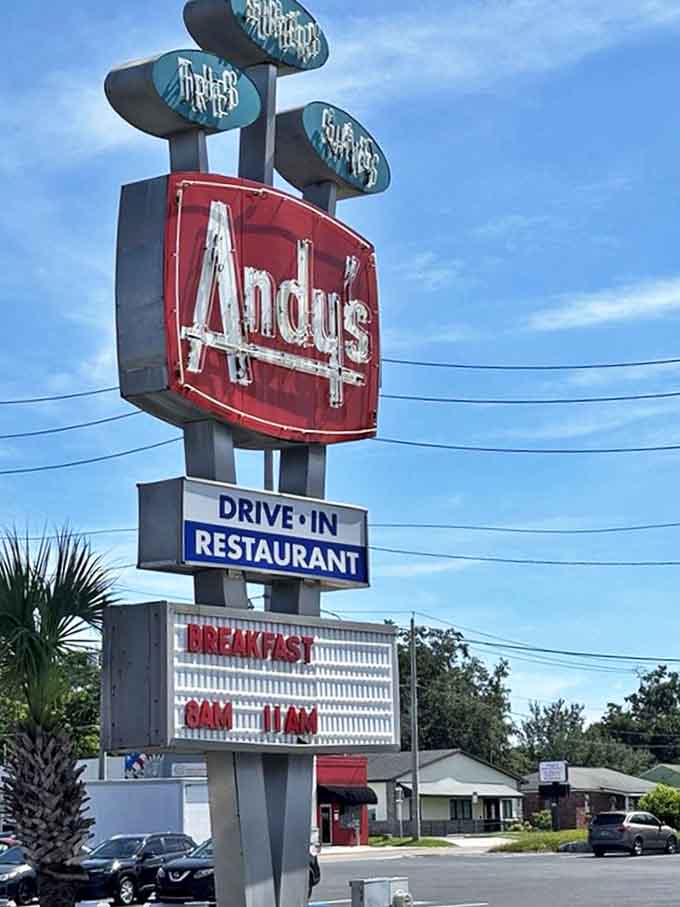 The towering roadside sign stands as a beacon for hungry travelers, promising "BREAKFAST 8AM-11AM" and decades of dining tradition.