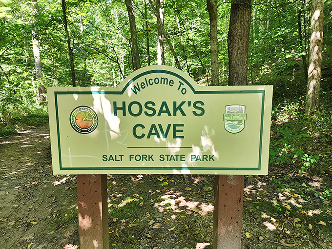 Salt Fork State Park's welcoming sign to Hosak's Cave &ndash; the understated introduction to one of Ohio's most spectacular natural features. Talk about burying the lead!