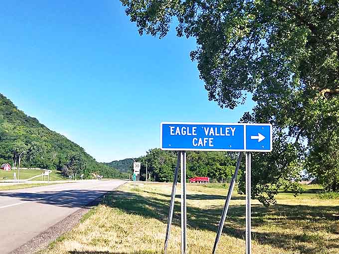That blue highway sign isn't just directions &ndash; it's pointing the way to your new favorite meal in Wabasha.