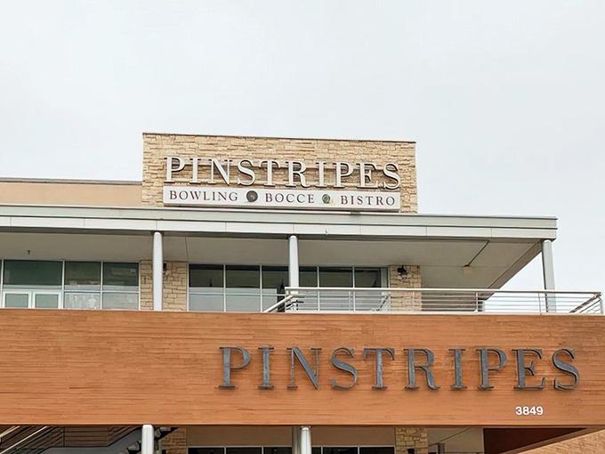 Pinstripes' distinctive signage announces its unique triple threat &ndash; bowling, bocce, and bistro &ndash; an unexpected combination that somehow works perfectly.