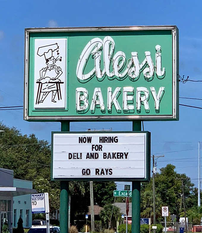 That vintage-style sign tells you everything you need to know: this is Alessi Bakery, they're hiring good people, and apparently they support the Rays.