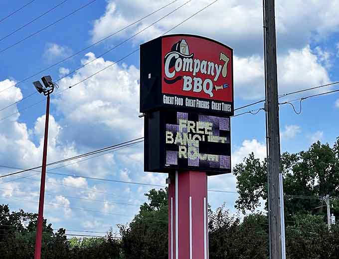 The Company 7 BBQ sign stands tall, a beacon for barbecue pilgrims traveling from across Ohio to worship at the altar of smoke.