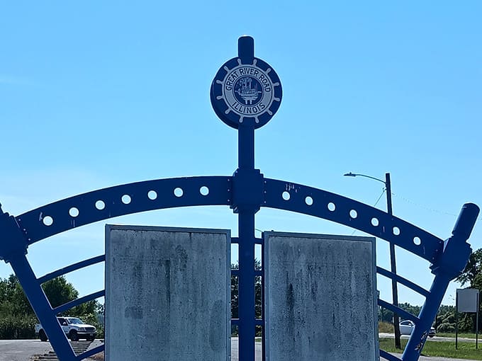 Alton's historic signage stands as a nautical welcome, a blue beacon announcing you've reached a river town with stories to tell.