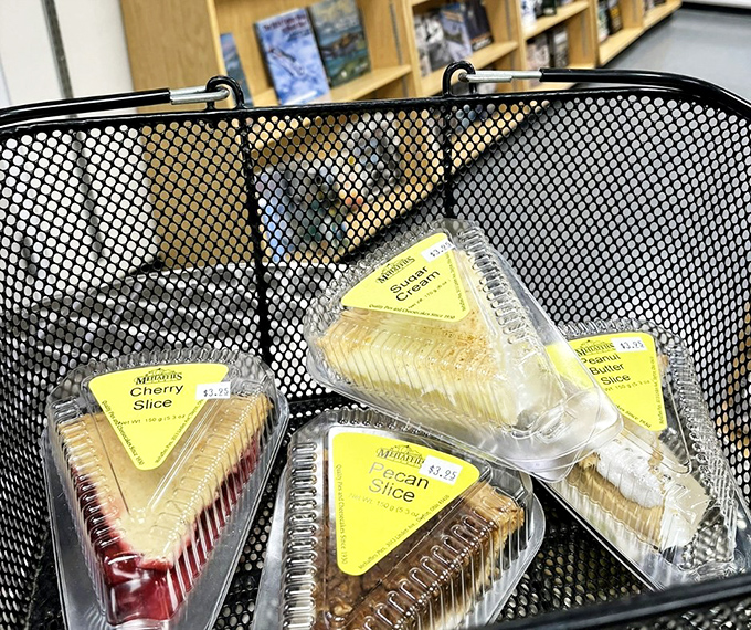 A shopping basket transformed into a treasure chest of pie slices &ndash; proof that sometimes the best life decisions happen spontaneously in bakery aisles.