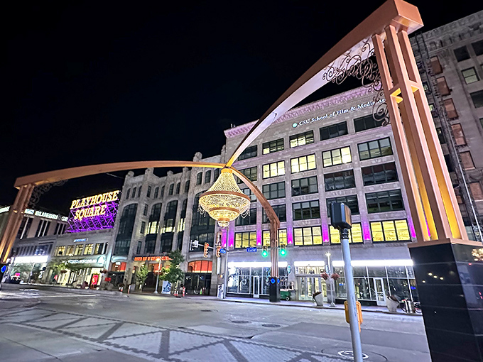 Playhouse Square's entire district comes alive after dark, a testament to urban renewal where theater, dining and crystal converge.