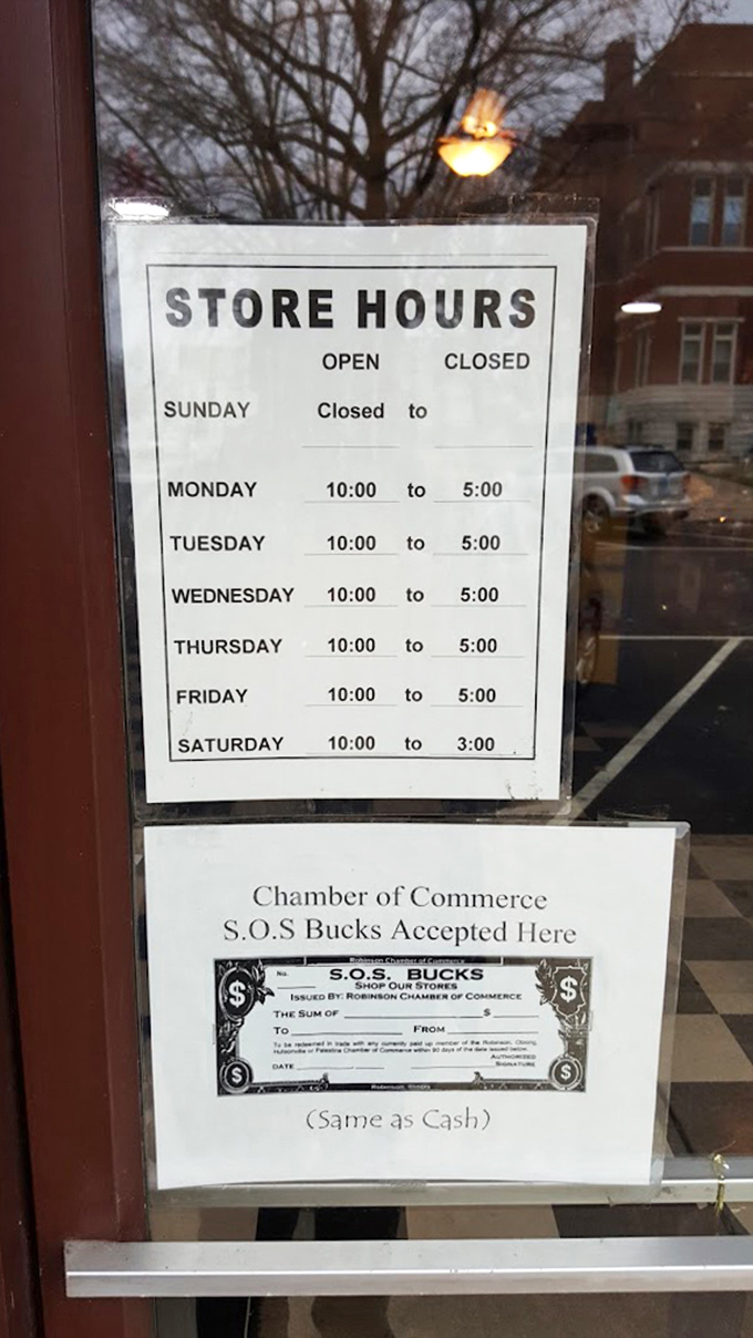 Even the store hours sign feels like a charming relic from simpler times, when candy shops closed on Sundays for family time.