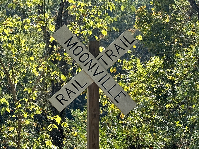 The iconic Moonville Rail Trail crossing sign stands as a reminder of the area's railroad heritage.
