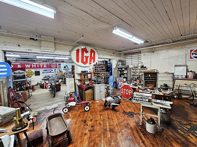 The IGA sign towers over a wonderland of vintage treasures &ndash; from stop signs to toy wagons, each with stories to tell.
