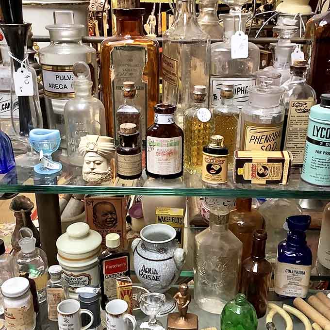Vintage pharmacy bottles from when medicine contained ingredients that were either miracle cures or slightly poisonous. Sometimes both!